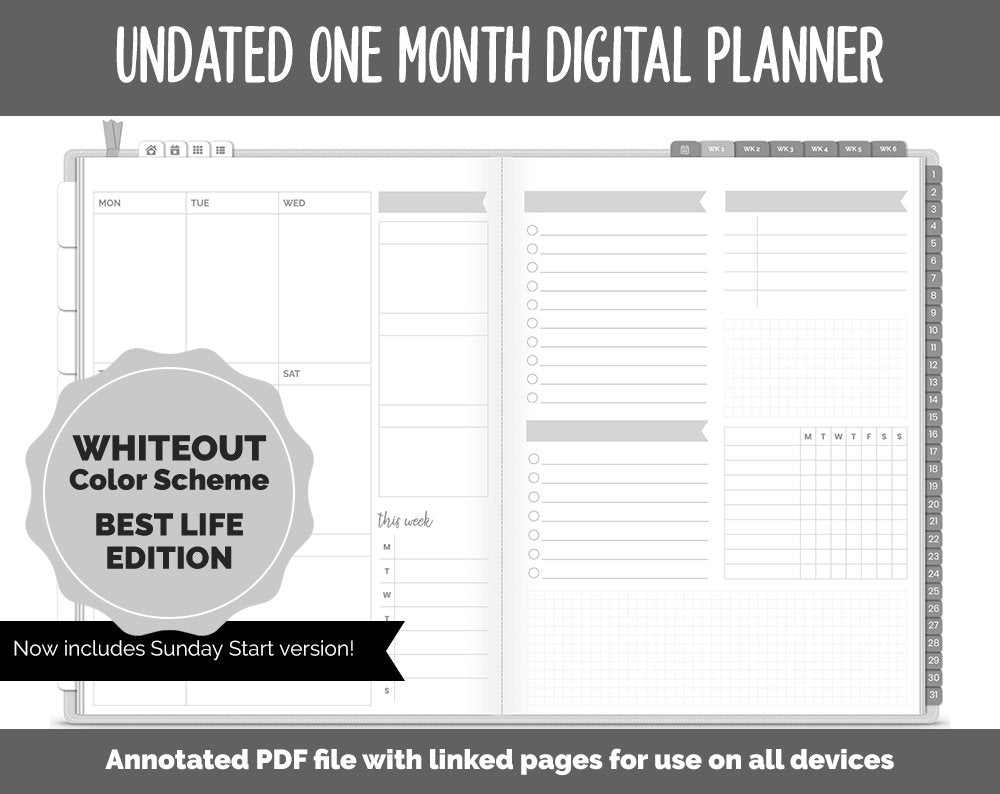 Undated One Month Digital Planner | Whiteout Theme - Best Life Weekly ...